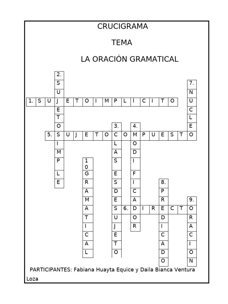 Crucigrama Sobre La Oración Gramatical Pdf Ajedrez