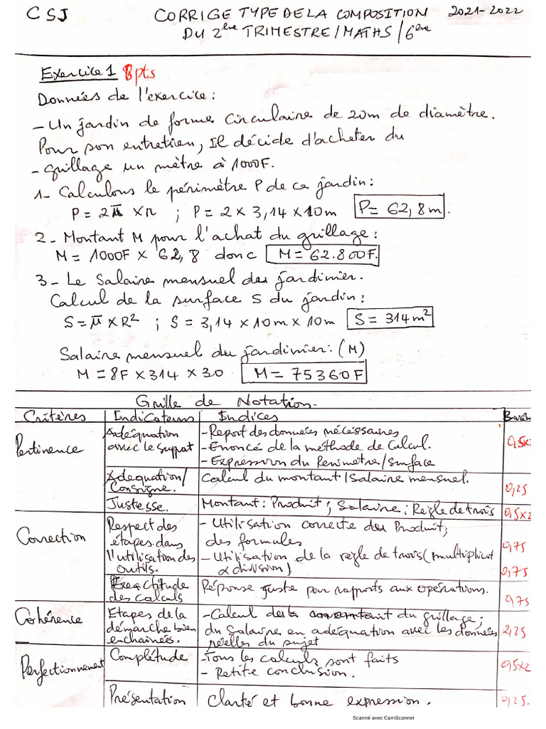 Corrigé Type - Composition 2eme Trimestre - Maths 6eme - CSJ | PDF