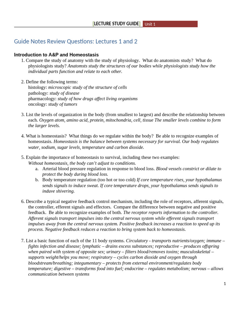 Biology Guided Notes Unit 1 Part 1-1 | PDF | Homeostasis | Human Body