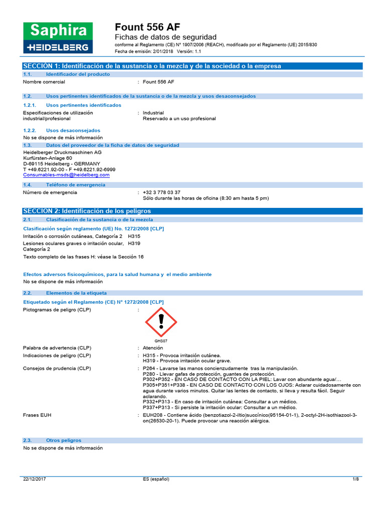Ficha Seguridad Fount-556-AF - H - Pri - MSDS - Spanish-Spain-EU | PDF ...
