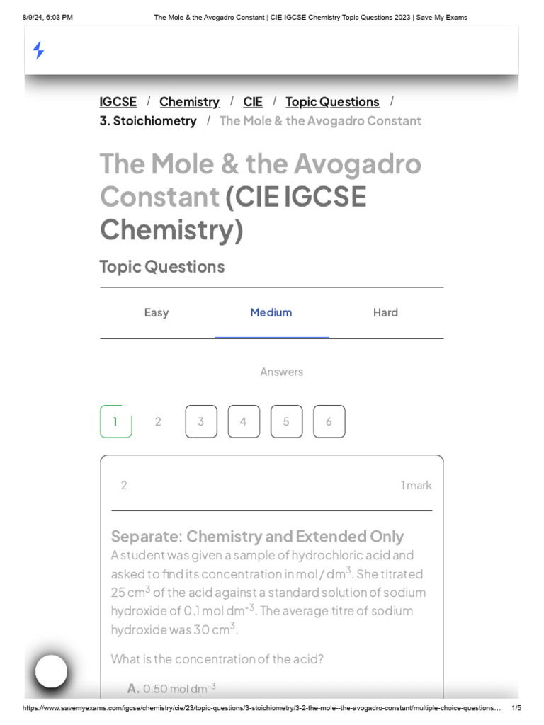 The Mole & The Avogadro Constant - CIE IGCSE Chemistry Topic Questions ...