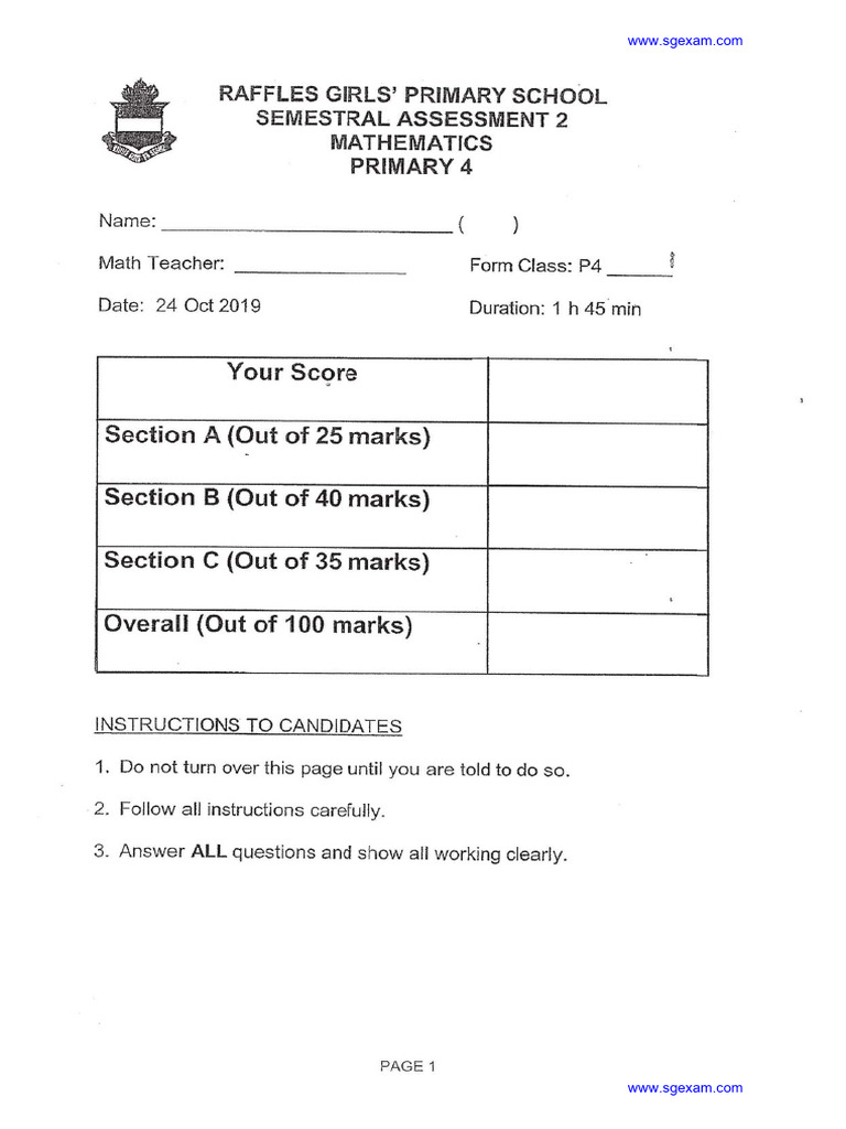 2019 P4 Math SA2 RGPS | PDF