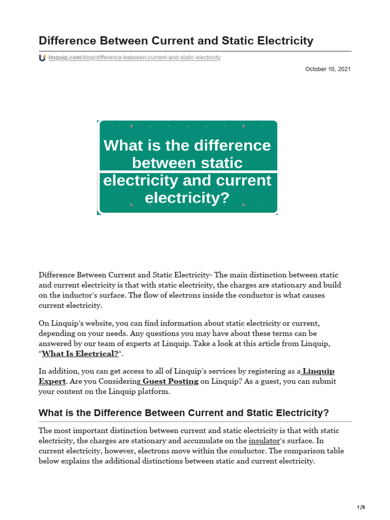 Difference Between Current and Static Electricity | PDF | Electricity | Electric Charge