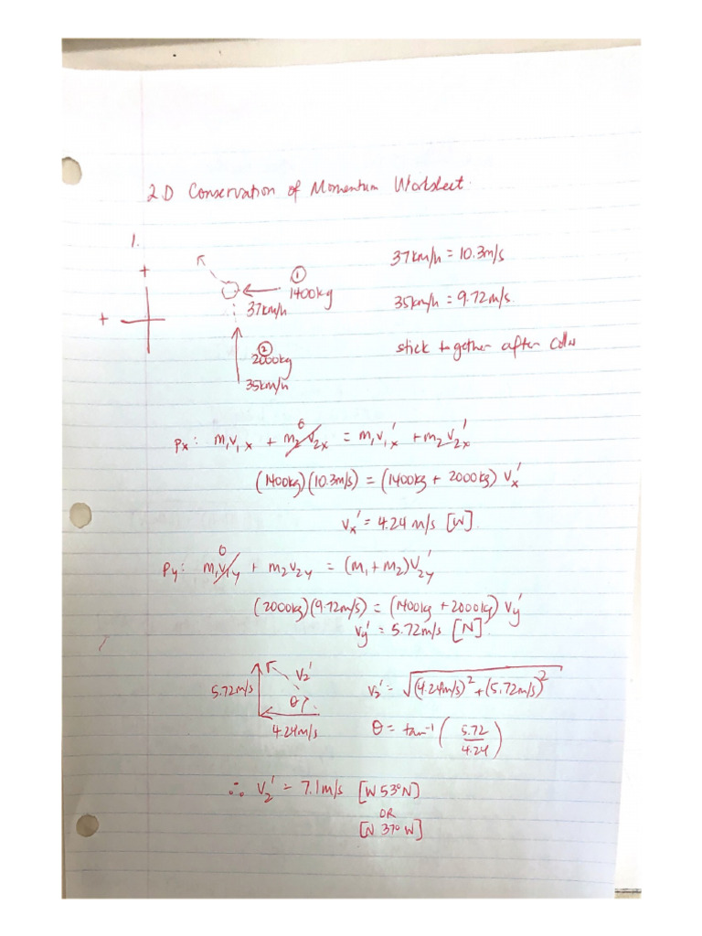 2-D Collisions Worksheet Solutions | PDF