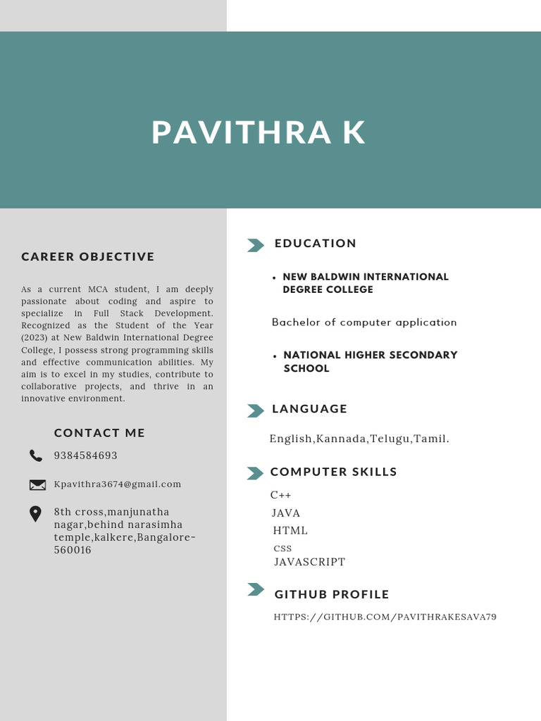 999107255-Pavithra MCA Resume | PDF