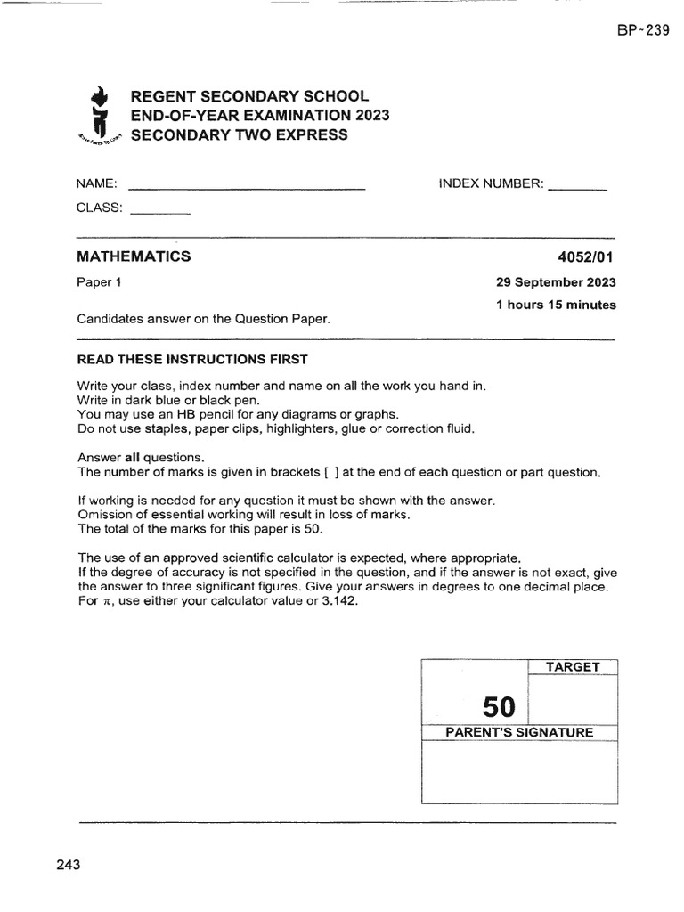 Secondary 2 Math Exam 2023 | PDF | Perpendicular | Elementary Geometry