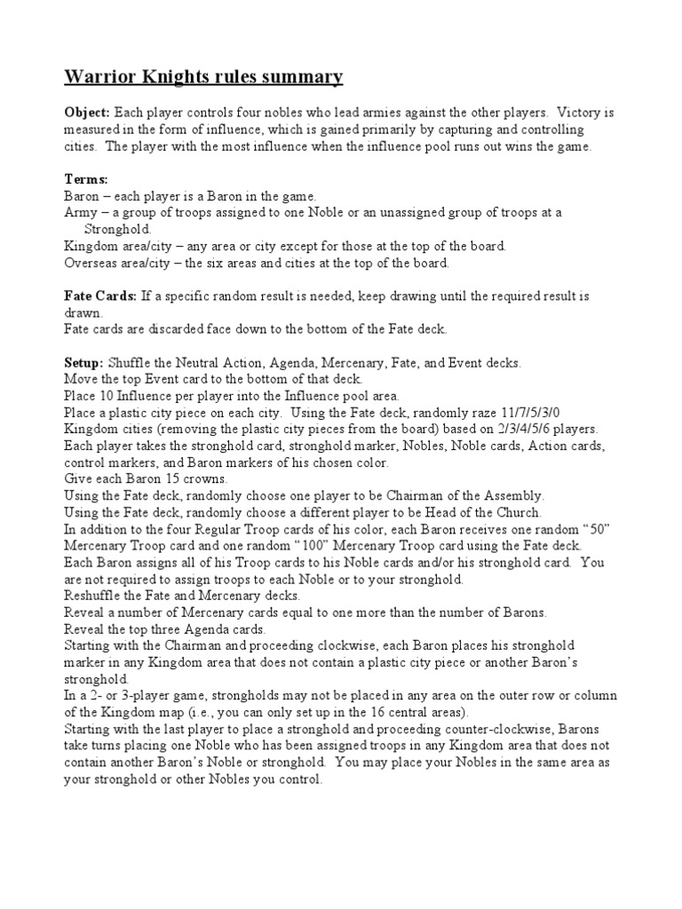 Warrior Knights Rules Summary v1 | PDF | Siege | Military