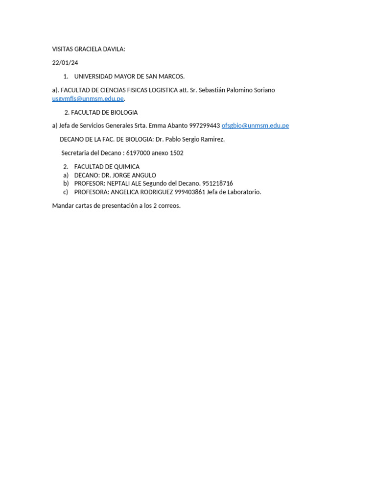 Visitas Graciela Davila 2024 | PDF | Ciencia y matemáticas