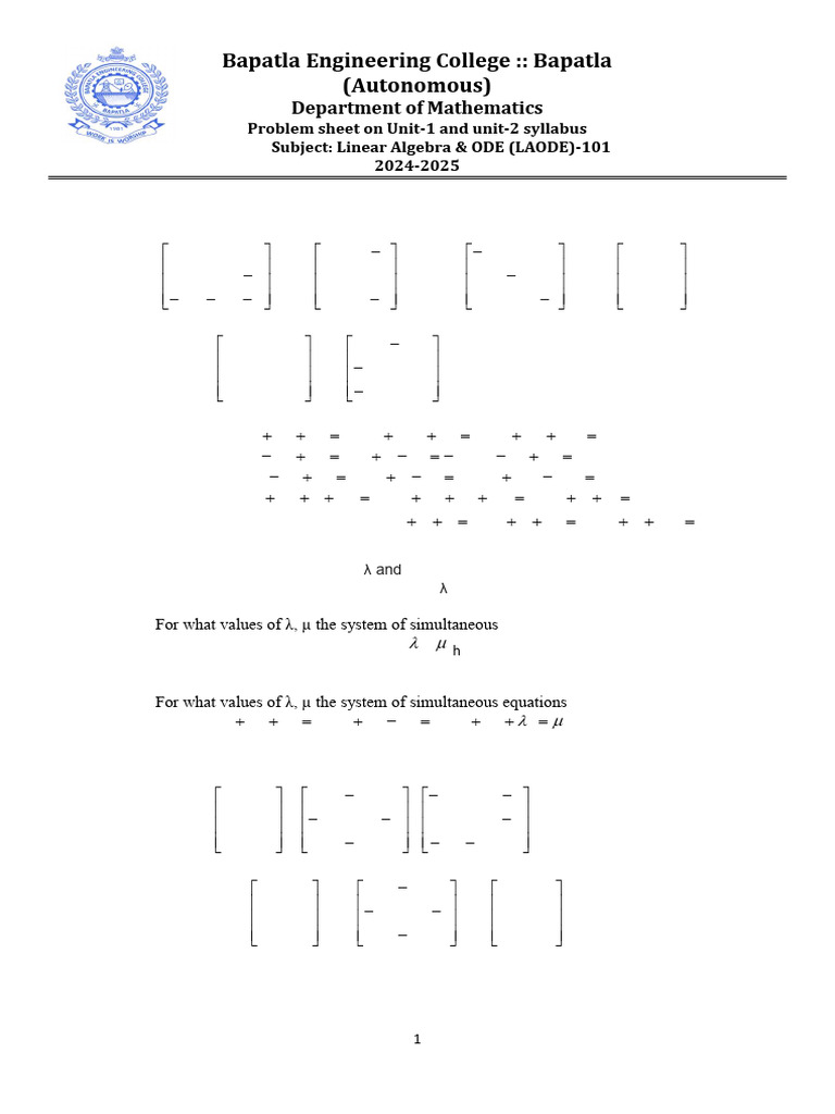 2024-2025 Laode Problem Sheet-1 | PDF | Eigenvalues And Eigenvectors | Matrix Theory