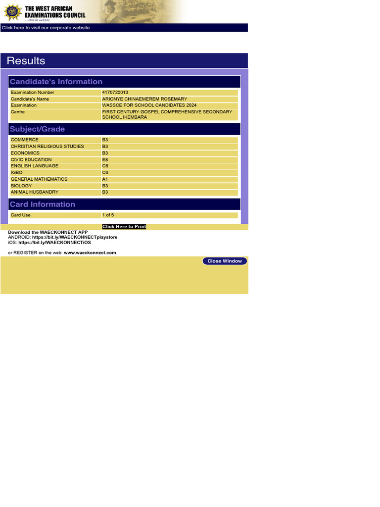 Waecdirect Online - Results | PDF