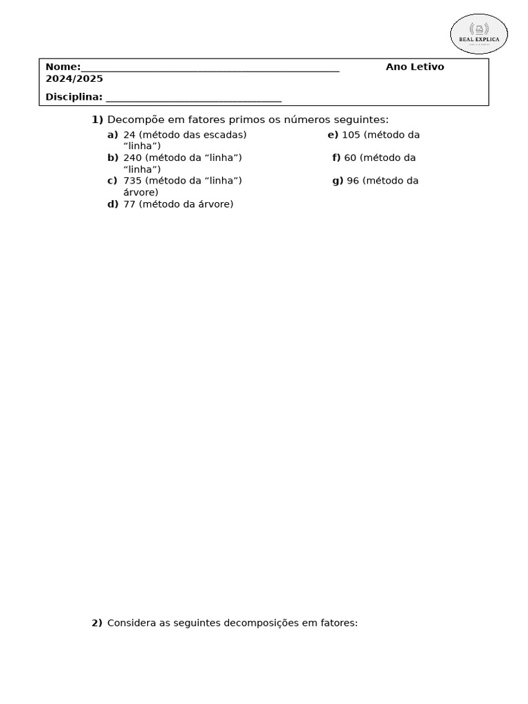 Ficha Fatores Primos, MMC e MDC | PDF | Número primo