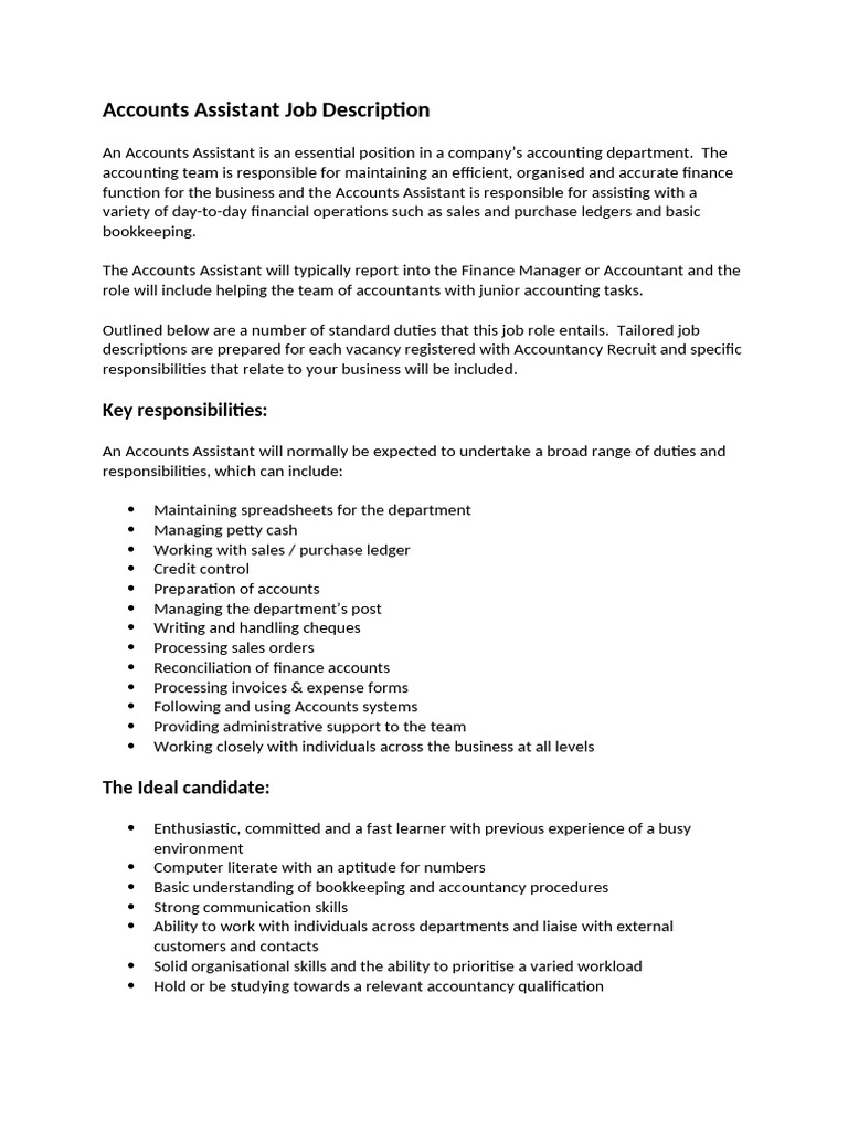 Accounts-Assistant-Job Description | PDF | Finance & Money Management