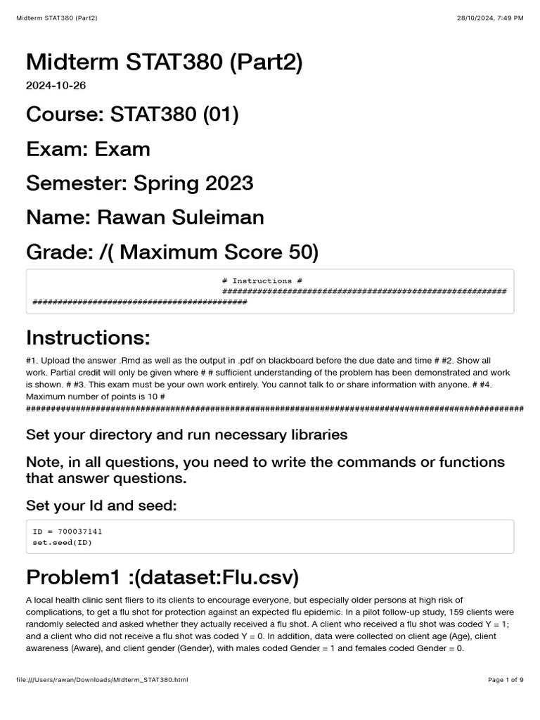 Midterm STAT380 (Part2) Rawan | PDF | Degrees Of Freedom (Statistics) | Statistical Inference