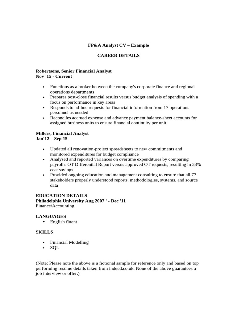 FP&A Analyst CV Example and Skills | PDF