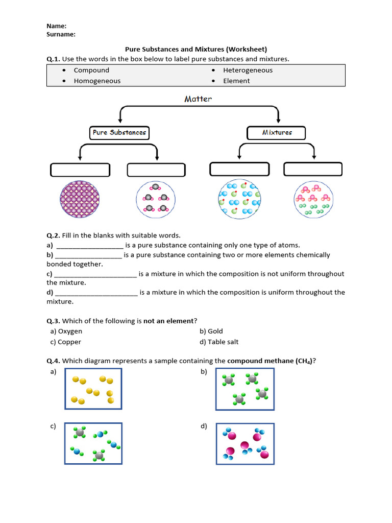 Pure Substances and Mixtures Worksheet | PDF | Mixture | Chemical ...