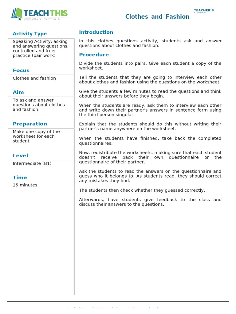 Clothes and Fashion Questionnaire Activity | PDF | Questionnaire