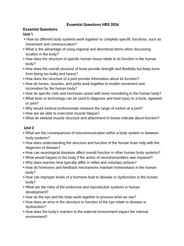 Essential Questions New HBS Curriculum | PDF | Human Body | Bone