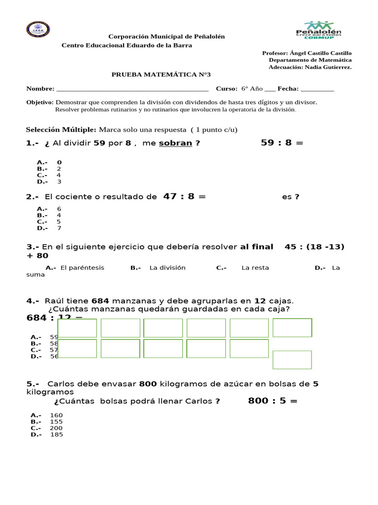 Prueba de Divisiones para 6° Año | PDF