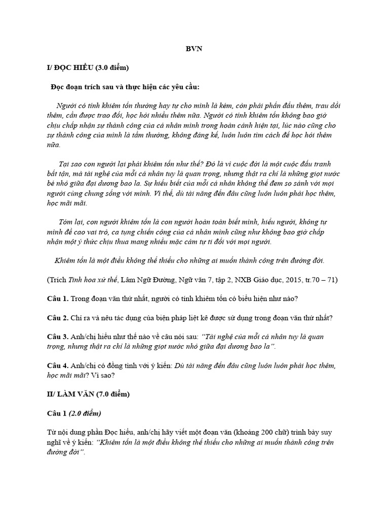 BVN I/ ĐỌC HIỂU (3.0 điểm) Đọc đoạn trích sau và thực hiện các yêu cầu | PDF
