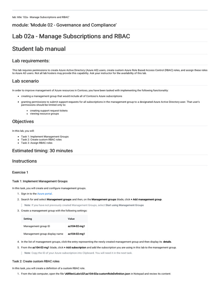 LAB 02a Manage Subscriptions and RBAC | PDF | Active Directory | Computing