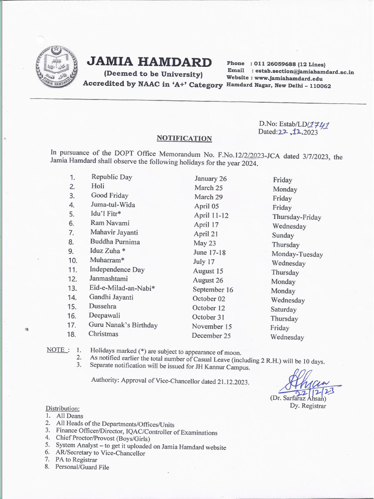 Notification of Holidays For The Year 2024 | PDF