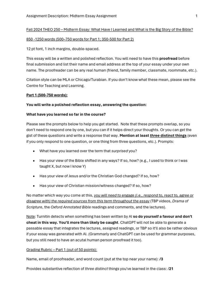 Midterm Essay Assignment Description Fall 2024 | PDF | Bible | Religious Belief And Doctrine