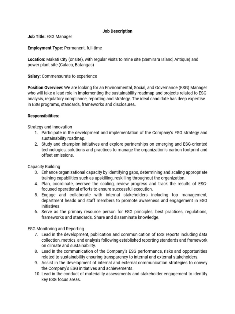 Job Description ESG Manager | PDF | Business | Economies