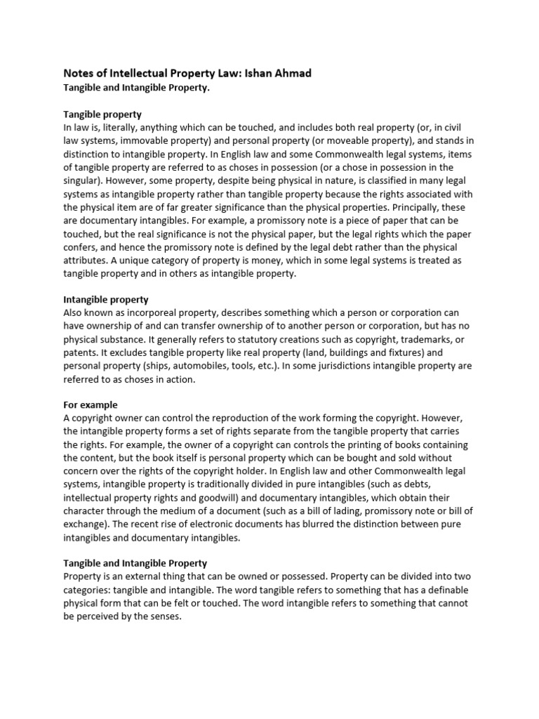 Notes of Intellectual Property Law Tangible and Intangible Property ...