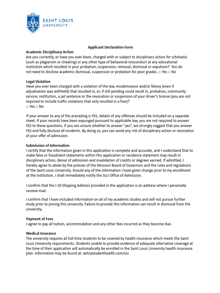 SLU Applicant Declaration Form Combined 11.21.2019 CLEAN | PDF | Common ...