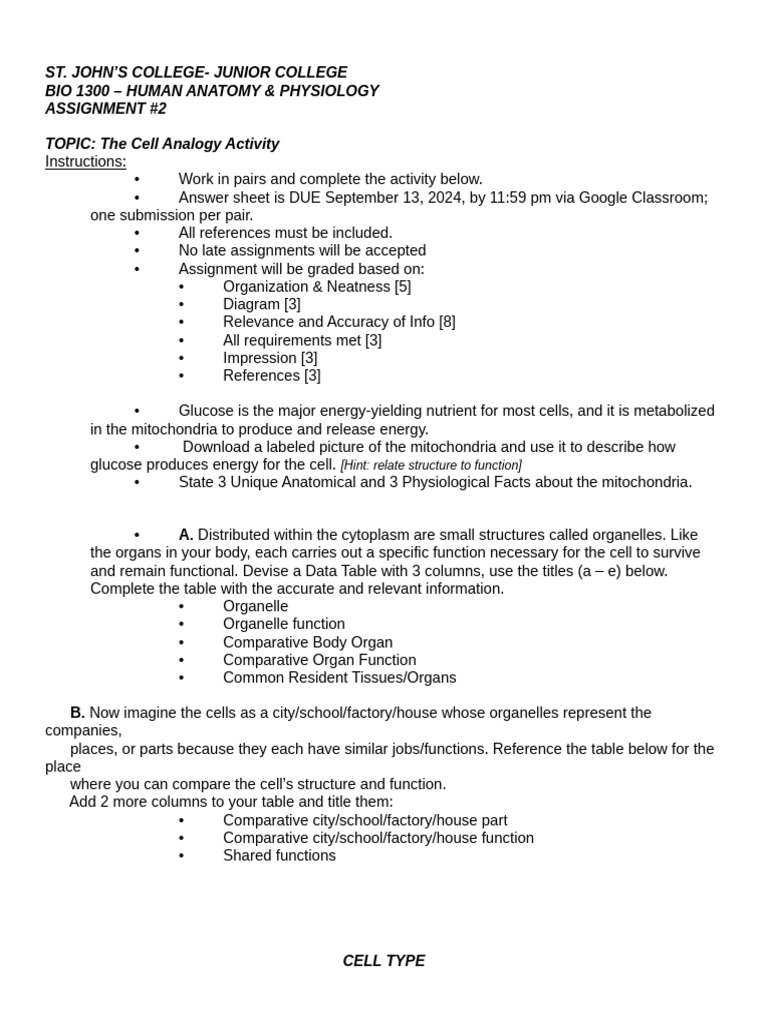 Assignment 2 - Cell Analogy Worksheet | PDF | Cell (Biology ...