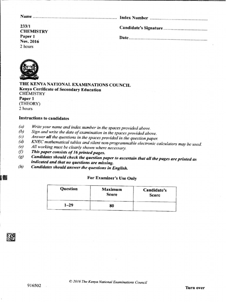 2016 Kcse Chemistry PP1 | PDF