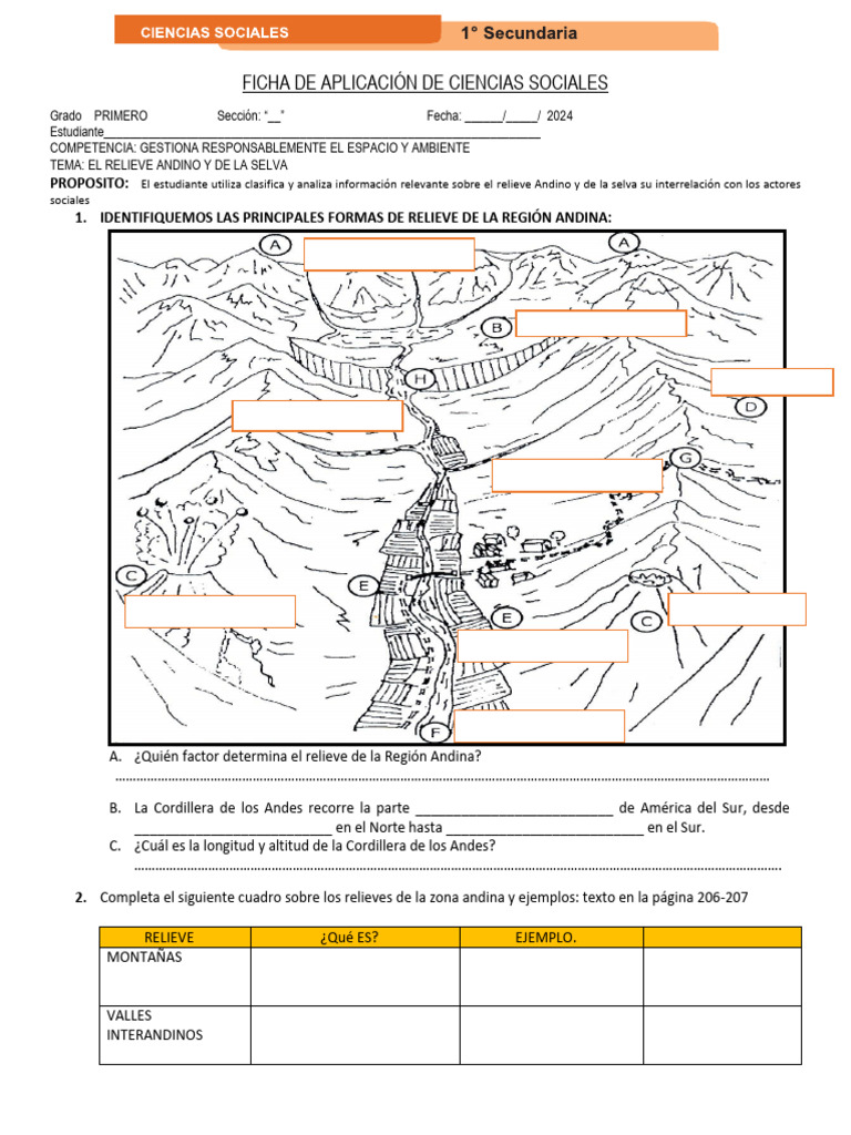 Ficha 5 CCSS 1° Relieve Andino y Selva | PDF | Andes | Paisaje