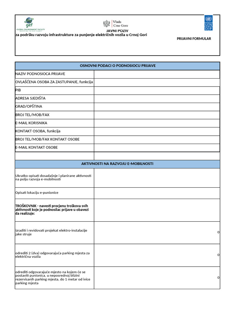 Prijavni Obrazac Javni Poziv EV Punionice | PDF