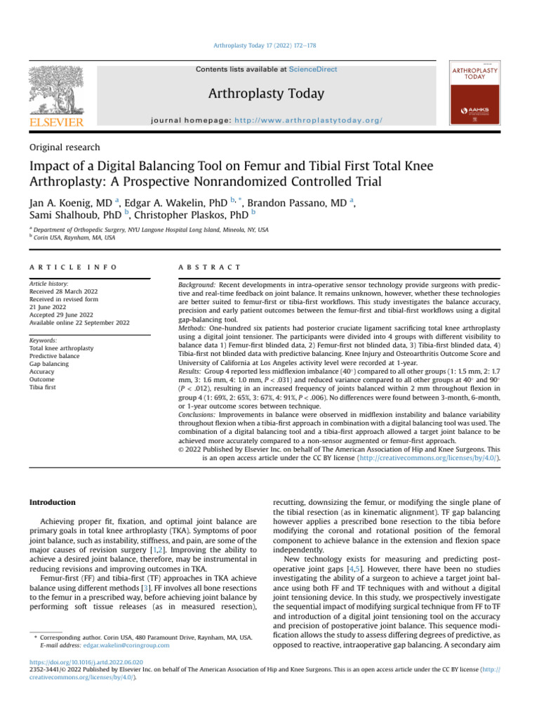 Impact of A Digital Balancing Tool On Femur and Tibial First Total Knee ...