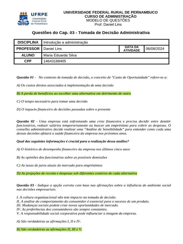 Questões Do Cap. 03 - Tomada de Decisão Administrativa | PDF | Despesa | Tomada de decisões