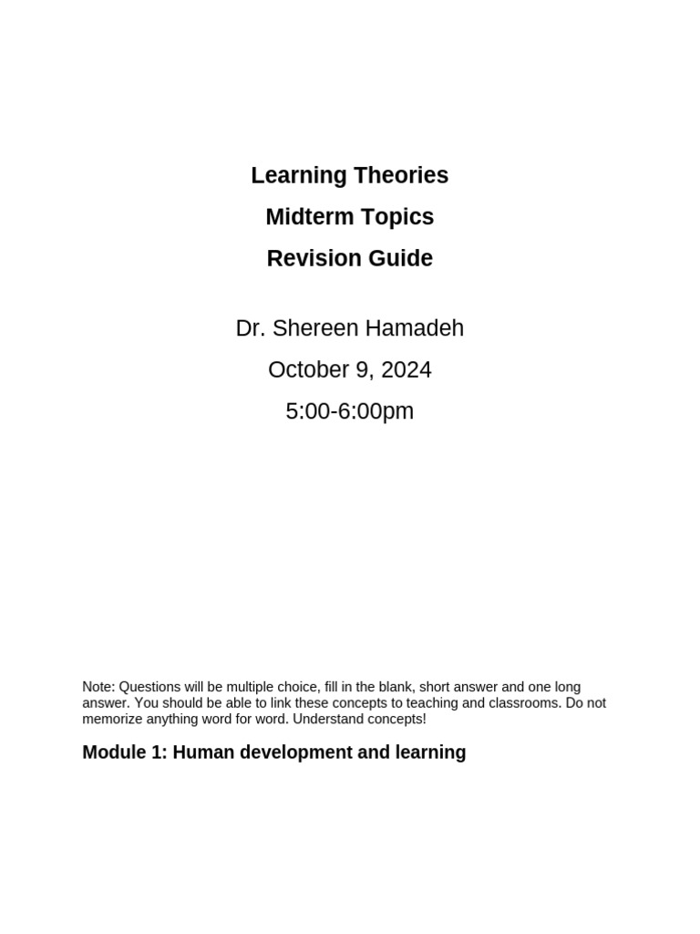 Learning Theories Midterm Review Fall 2024 | PDF | Classical Conditioning | Behaviorism