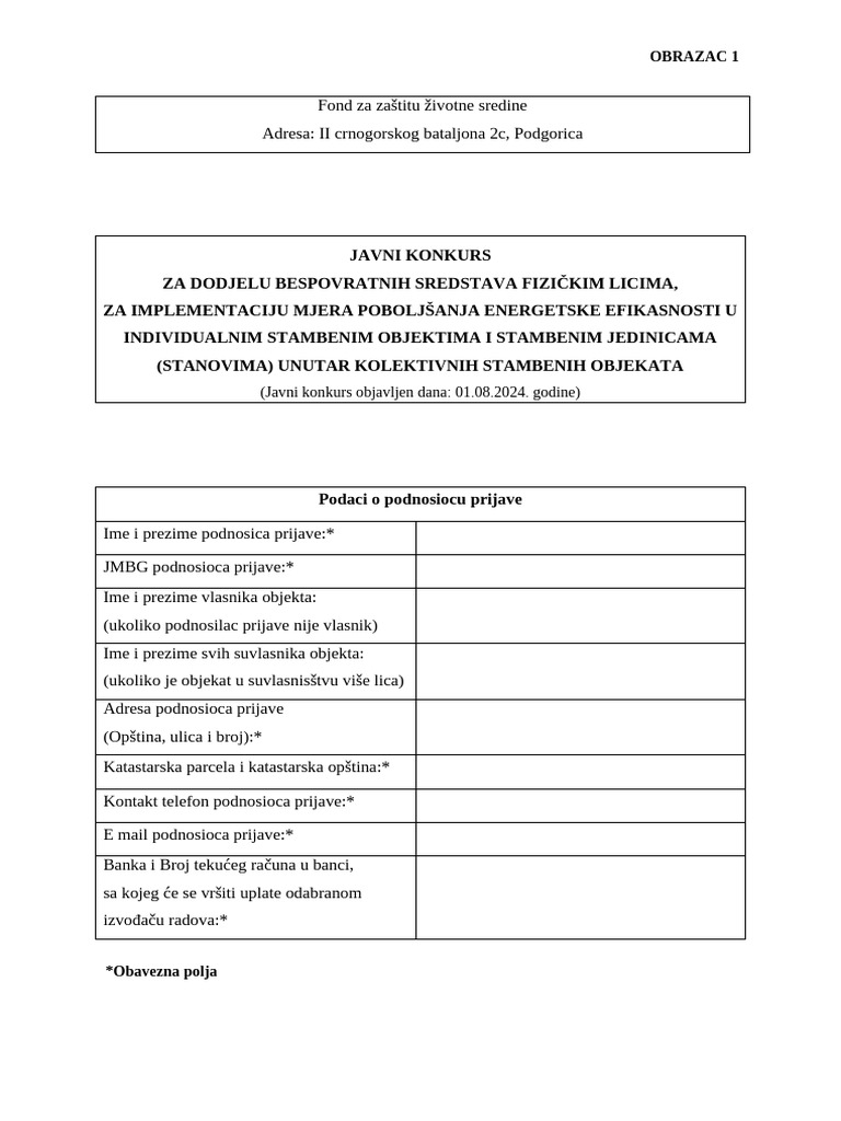 03 Obrazac 1 - Prijavni Formular | PDF