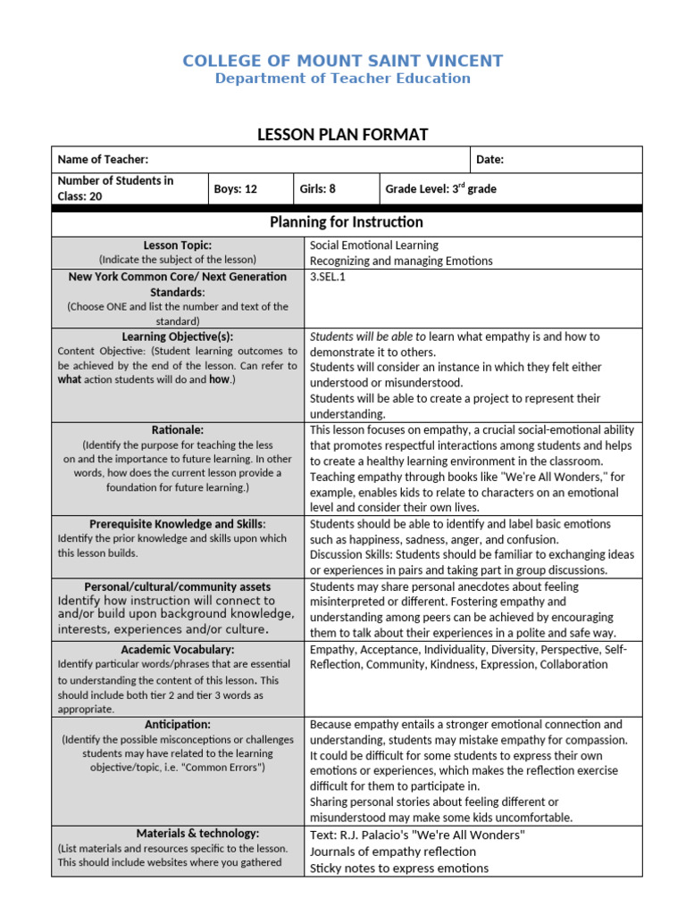 Lesson Plan SEL Focus | PDF | Learning | Empathy