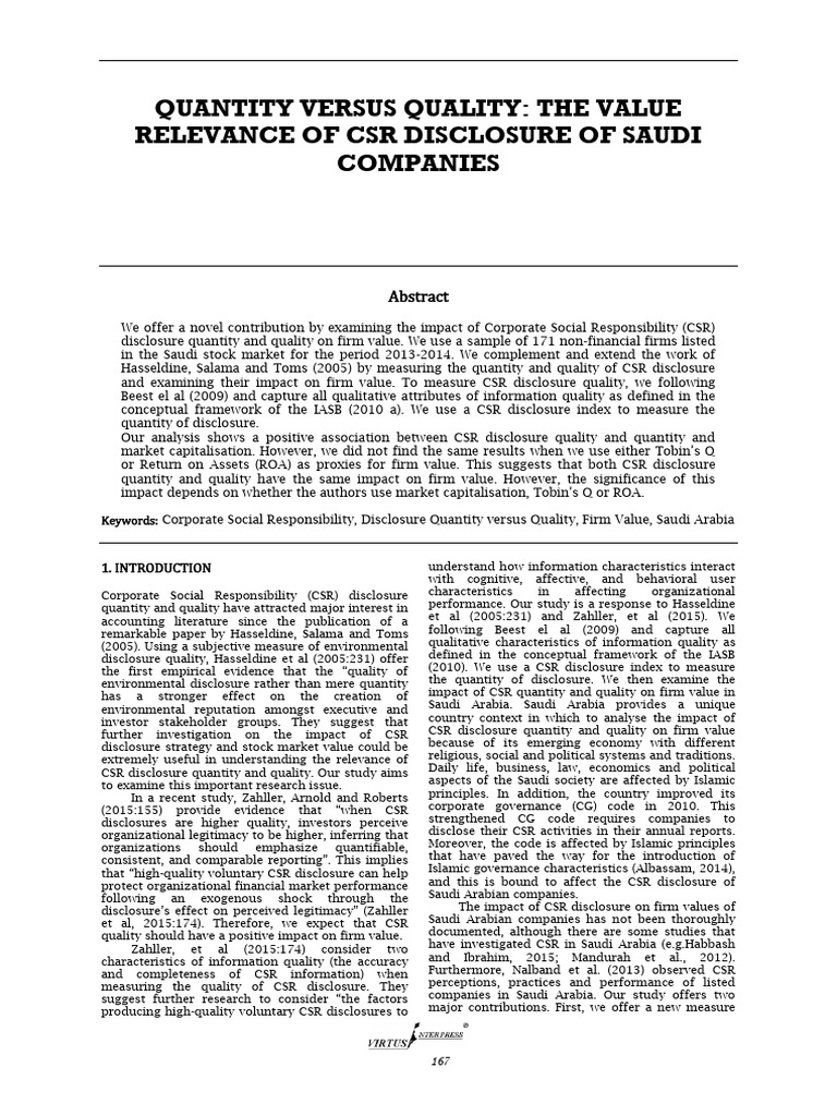 Quantity Versus Quality The Value Relevance of CSR Disclosure of Saudi Companies | PDF ...