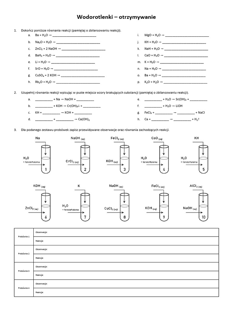 Wodorotlenki - Otrzymywanie - Zadania | PDF