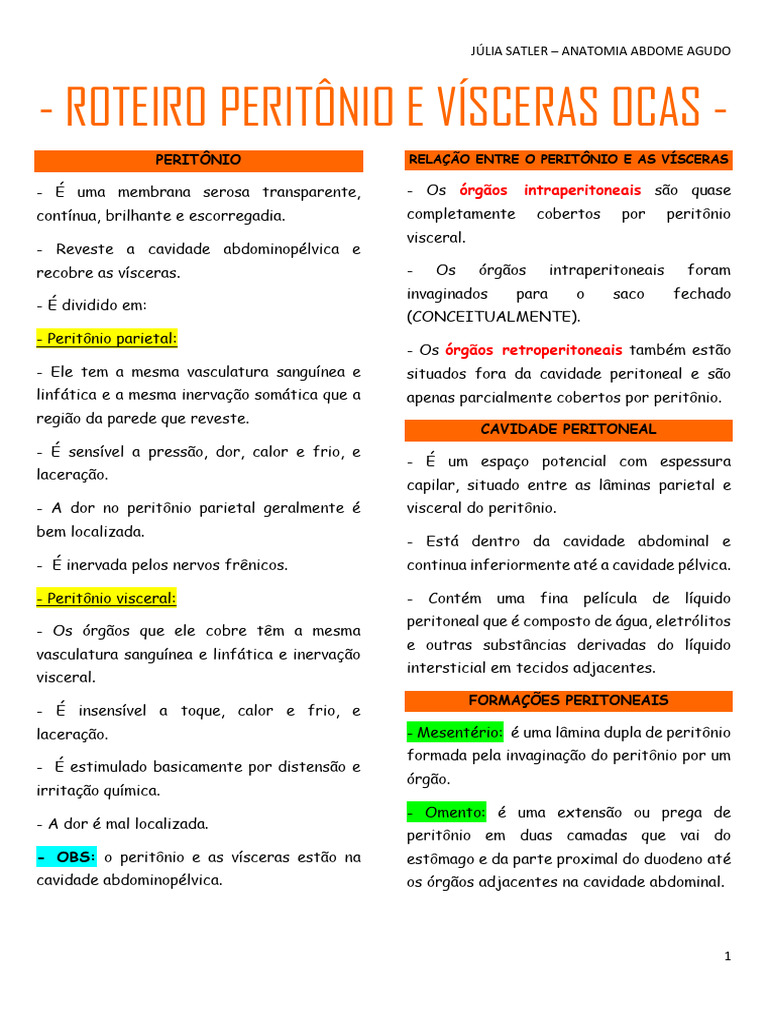 Anatomia da Cavidade Peritoneal | PDF | Peritônio | Abdômen