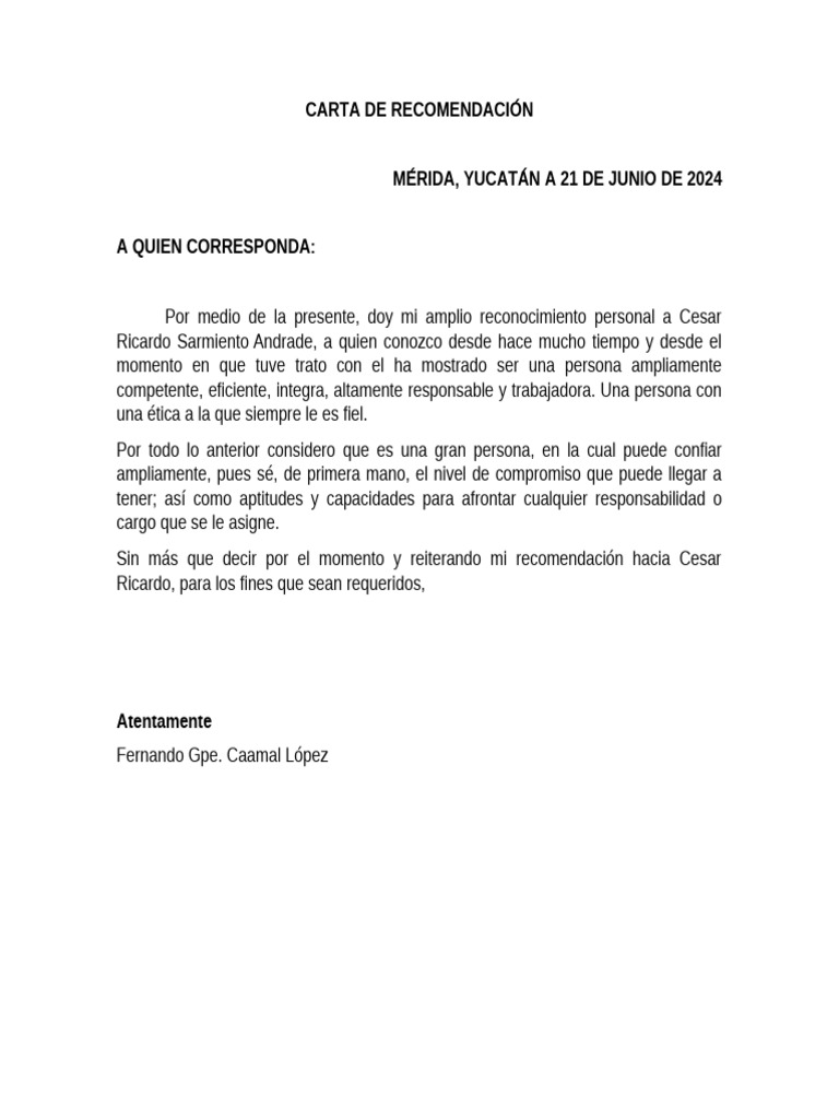 Carta Recom | PDF | Crecimiento personal y profesional | Negocios