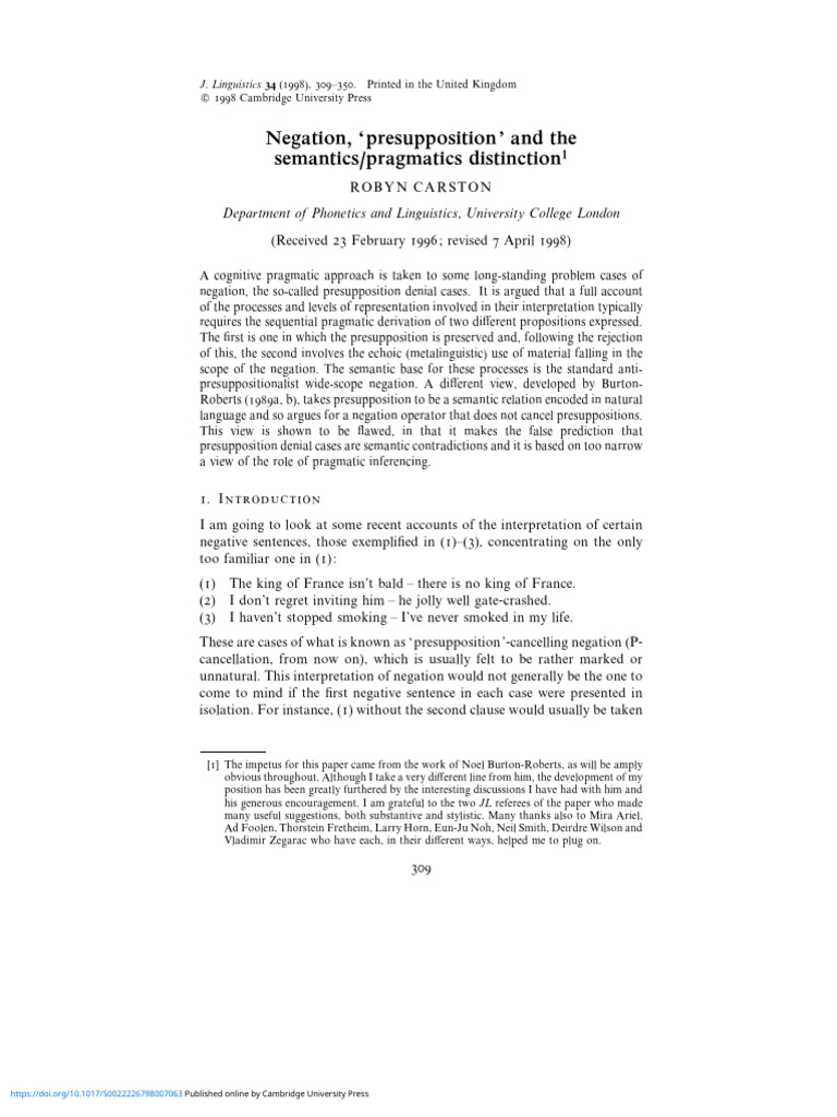Negation Presupposition and The Semanticspragmatics Distinction | PDF | Syntax | Language Mechanics