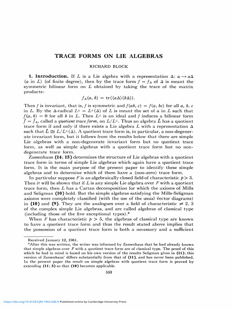 Trace Forms in Lie Algebras Analysis | PDF | Lie Algebra ...