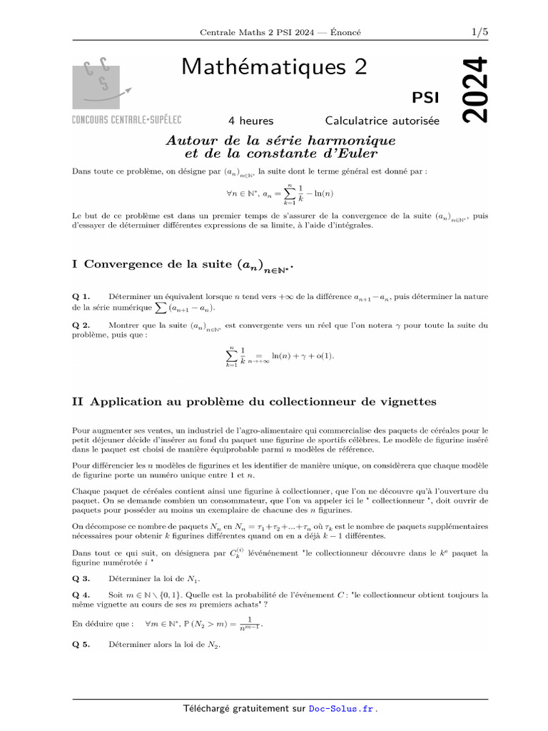 PSI MATHS CENTRALE 2 2024.enonce | PDF