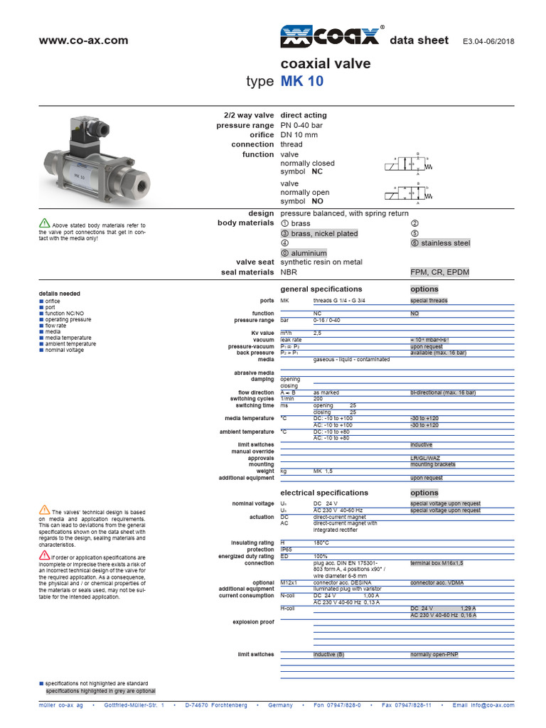 Coaxial Valve Specifications and Options | PDF | Valve | Direct Current