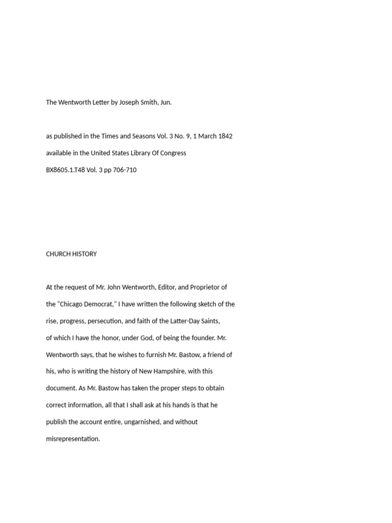 The Wentworth Letter: Latter-Day Saints History | PDF | Project ...