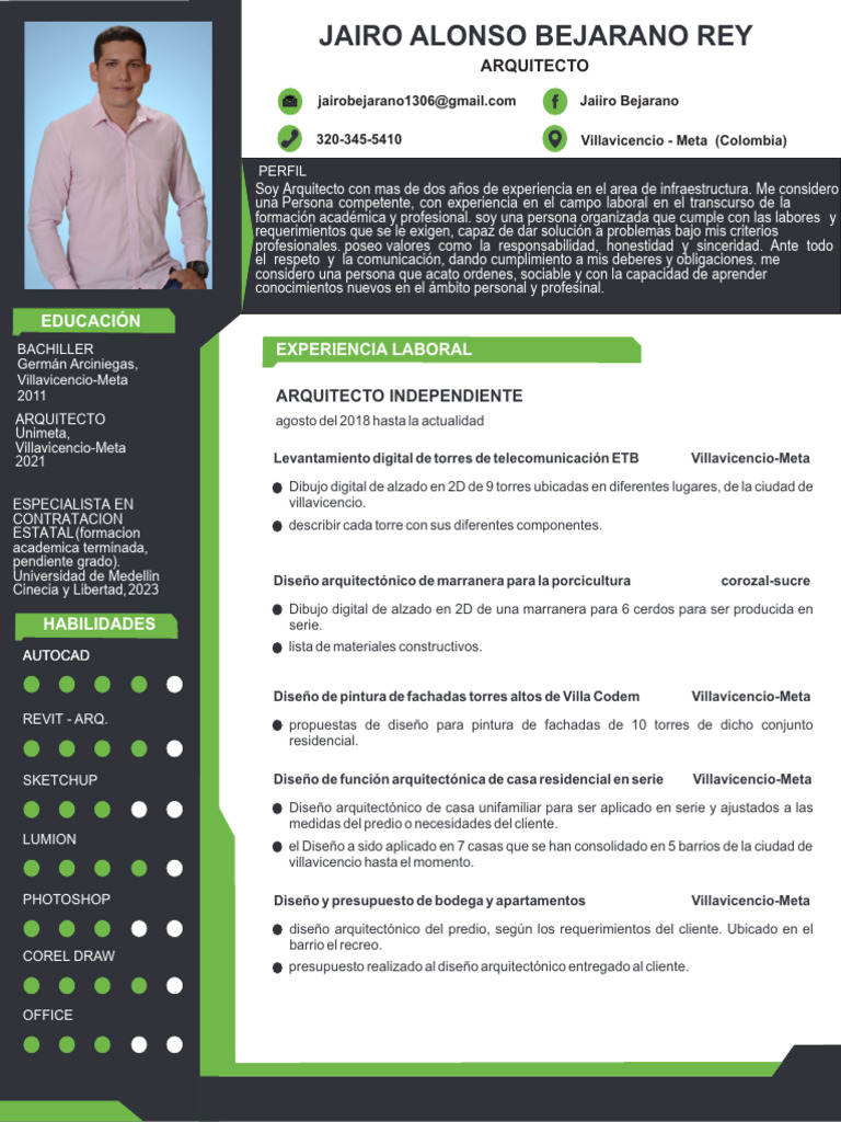 Hoja de Vida Arq. Jairo Alonso Bejarano Rey | PDF | Arquitecto | Diseño