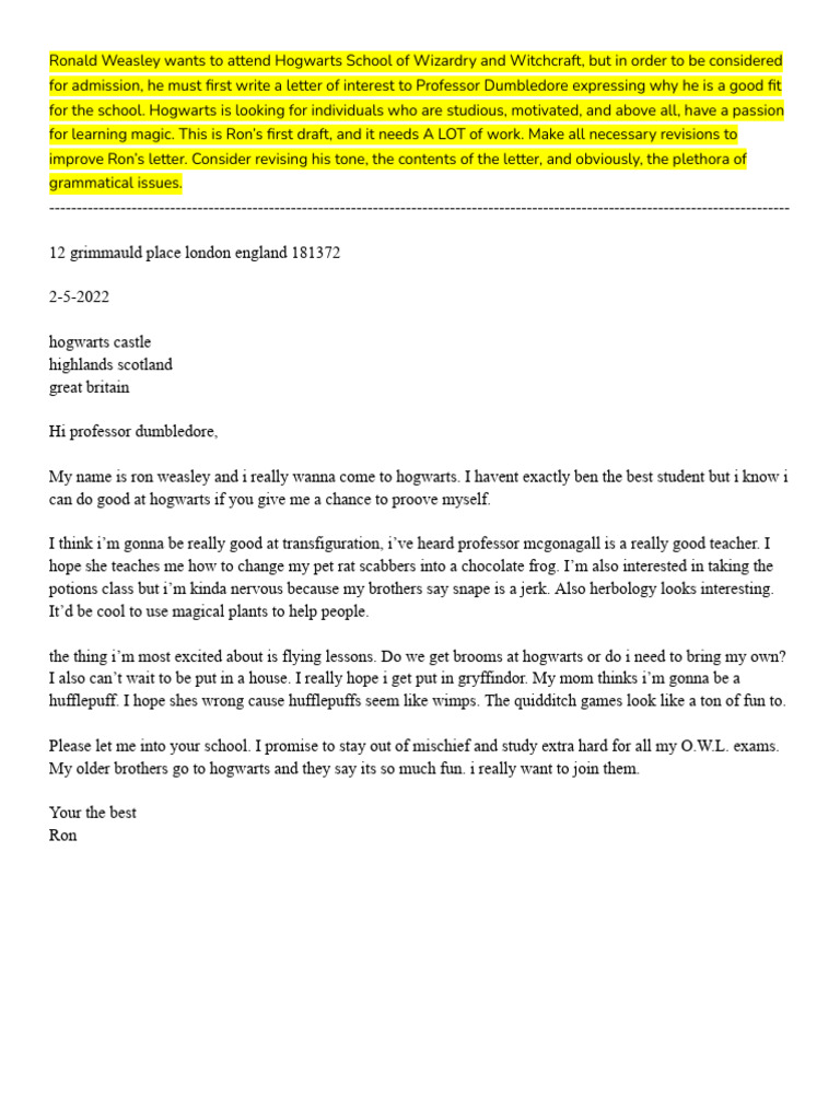Harry Potter Letter Assignment | PDF