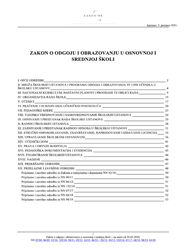 Zakon o Odgoju I Obrazovanju U Osnovnoj I Srednjoj Skoli | PDF
